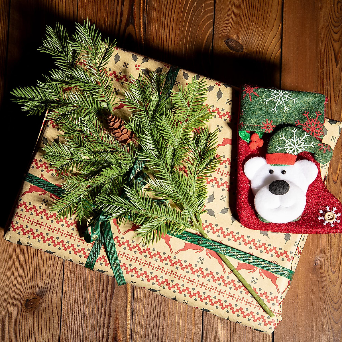 Watayo 8 Pcs Large Artificial Pine Needles Branches- 16" x 7" Christmas Fake Greenery Pine Picks with Pinecone- Faux Pine Leaves Sprigs for Christmas Garland Wreath & Home Garden Decoration