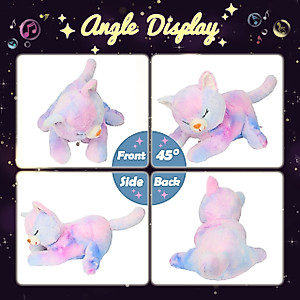 Hopearl LED Musical Stuffed Cat Lighting Up Singing Plush Toy Playset Mommy Cat with 3 Baby Kittens in her Tummy Lullaby Animated Soothe for Mom Kids Toddler Girls, Rainbow, 18''