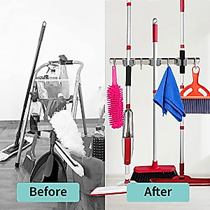 Mop Broom Holder, 4 Hooks and 3 Racks Wall Mount Long Grippers Hanger for Household Easy Storage Clip Racks, No-Slip Utility Hooks Tool Hanger for Home, Bathroom, Kitchen, Garden, Garage