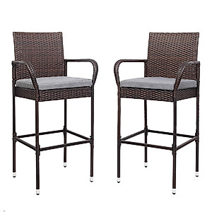 VINGLI Outdoor Wicker Bar Stools Set of 2 with Cushions, Outdoor Bar Chairs Bar Height Tall Patio Chairs, Outdoor Barstools for Garden Pool Lawn Backyard