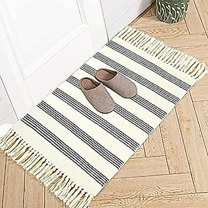 Boho Bathroom Rug 2X3 ft LEEVAN Geometric Cotton Striped Rug with Tassel Door Mat Cotton Line Indoor Floor Mat Bohemian Hand Woven Chic Printed Bedside Rugs for Kitchen Living Room