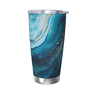 EKPRAVDKTF Stone Blue Gold Marble 20oz Insulated Stainless Steel Tumbler With Lids And Straws, Double Wall Vacuum Travel Coffee Mug, Thermal Cup For Cold & Hot Drinks, Reusable Metal Straw & Brush