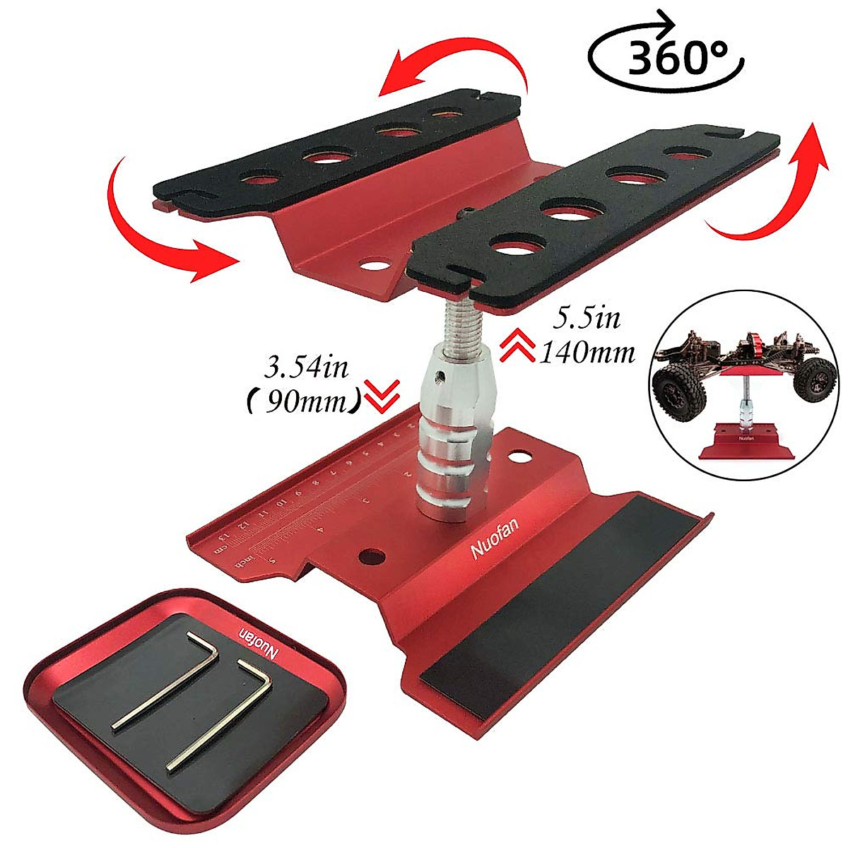 RC Car Work Stand Aluminum Repair Workstation 360 Degree Rotation Lift Lower w/Screw Tray for 1/10 1/12 1/16 Scale Traxxas TRX4 Axial Arrma Redcat Losi RC Crawler Monster Truck Buggy (Red)