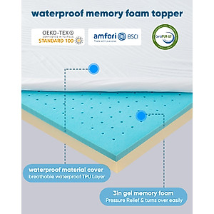 3 Inch Gel Memory Foam Mattress Topper Queen Size,Waterproof Mattress Pad Cover for Pressure Relief, Bed Protector Topper with Removable ，Soft & Sleep Peacefully