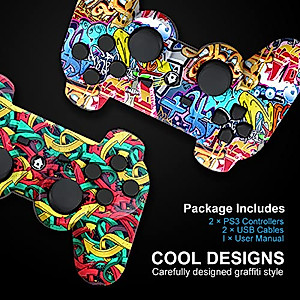 Yinjie PS3 Controller, Wireless PS3 Controller 2 Pack, Built in 800mAh Large Capacity Battery, with 2 USB Cables, Perfect Replacement for Sony Playstation 3 Controller, Graffiti Style