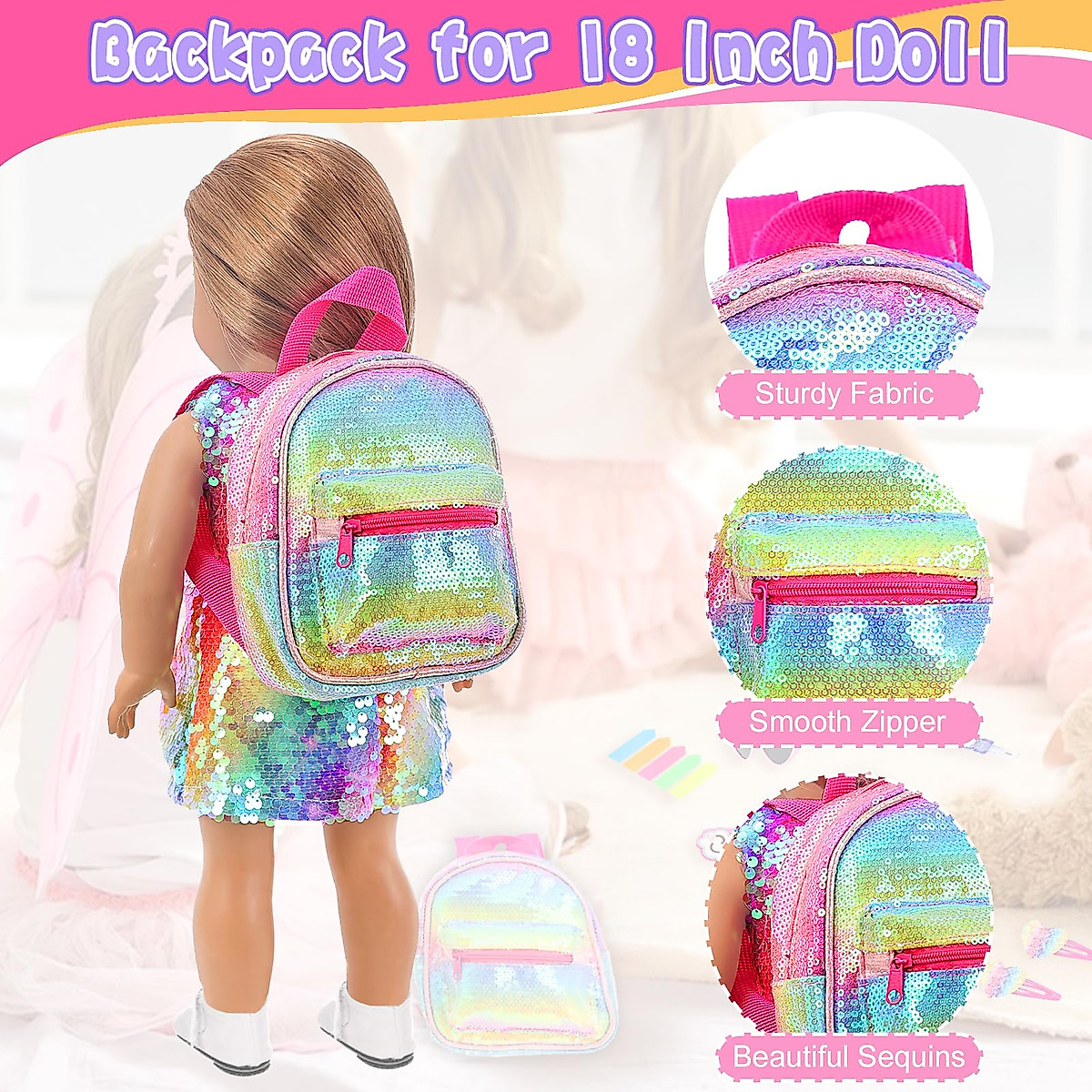 Unicorn Element 14 Pcs American 18 Inch Girl Doll Accessories School Supplies Set - Doll Backpack School Supplies Sunglasses and Other Stuff for My Our Life Generation Doll Accessories