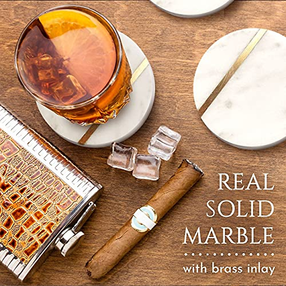 Marble Coasters for Drinks , Gold Coasters Set of 6 with Gold Holder , 4" Wide Modern Round Table Coasters with Gold Brass Inlay , Gold Coasters Made from Real Solid Marble , Porta Vasos