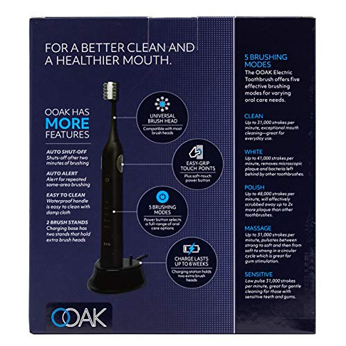 Ooak Electric Toothbrush with 5 Brushing Modes, 2 Advanced Brushes, Black