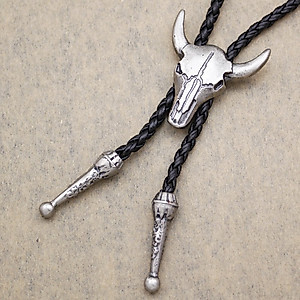 Vintage Silver Tone Q&Q Fashion Western Texas Longhorn Buffalo Steer Cow Skull Leather Rodeo Bolo Tie Necktie