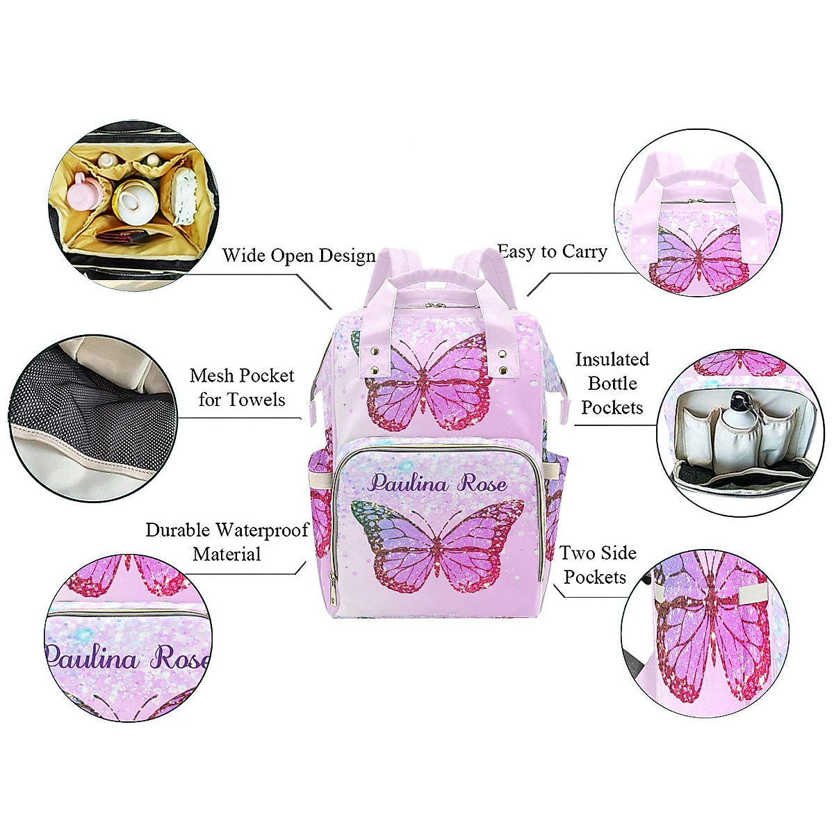 Purple Butterfly Girl Personalized Diaper Backpack with Name,Custom Travel DayPack for Nappy Mommy Nursing Baby Bag One Size
