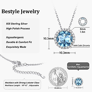 Bestyle 925 Sterling Silver Love Round Cubic Zirconia Necklaces March Aquamarine Birthstone Crystal Pendant for Women, Hypoallergenic Necklaces for Sensitive Skin