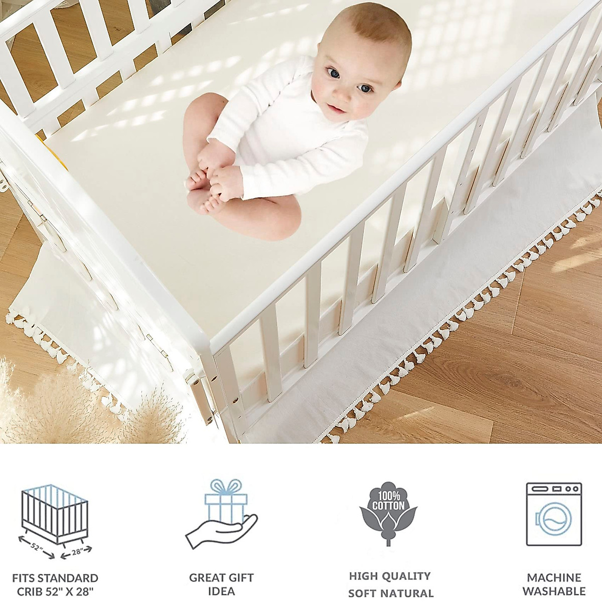 Brandream Gender Neutral Boho Bohemian Baby Girl Boy Nursery Crib Bedding Set 3 Pieces Solid White Farmhouse Chic Unisex Minimalist Tassel Fringe Macrame Cozy 100% Washed Cotton