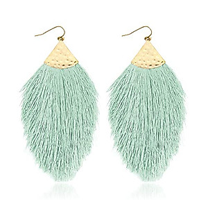 Bohemian Silky Thread Fan Fringe Tassel Statement Earrings - Lightweight Strand Feather Shape Dangles (Feather Fringe - Mint)
