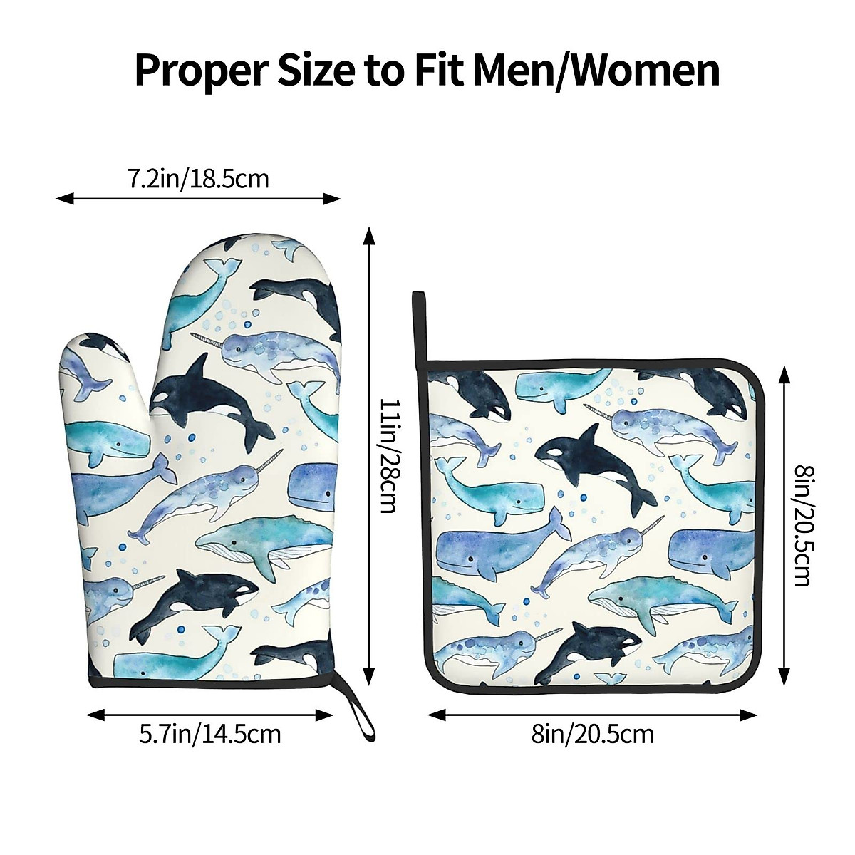 Cute Whale Oven Mitts and Pot Holders Sets of 2, Non-Slip Cooking Hot Pads Washable Heat Resistant for Kitchen Microwave BBQ Baking Grilling