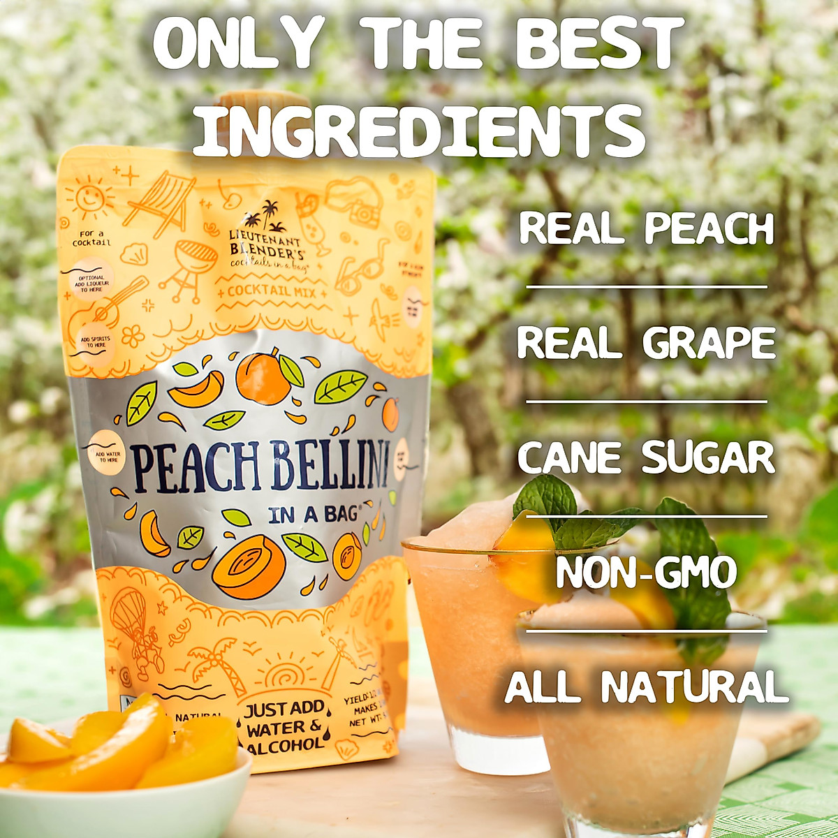 Lt. Blender's Peach Bellini in a Bag - Wine Slushie Mixes - Each Bag Makes 1/2 Gallon of Frozen Peach Bellini Mix – Non-GMO Wine Freezer mix - Make with Wine, Liquor or as a Mocktail - (Pack of 3)