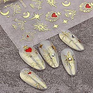 3 Sheets Nail Art Stickers Decals Gold Sun Moon Star Stripe Line Nail Decals Self-Adhesive Heart Nail Art Supplies for Nail DIY Decoration 3D Adhesive Nail Accessories for Women French Nail Design