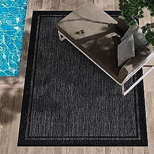 CAMILSON Indoor Outdoor Rug, 5x7 Bordered Dark Grey Black Modern Area Rugs for Indoor and Outdoor Patios, Kitchen and Hallway Mats, Washable Porch Deck Outside Carpet (Bordered Black, 5x7)