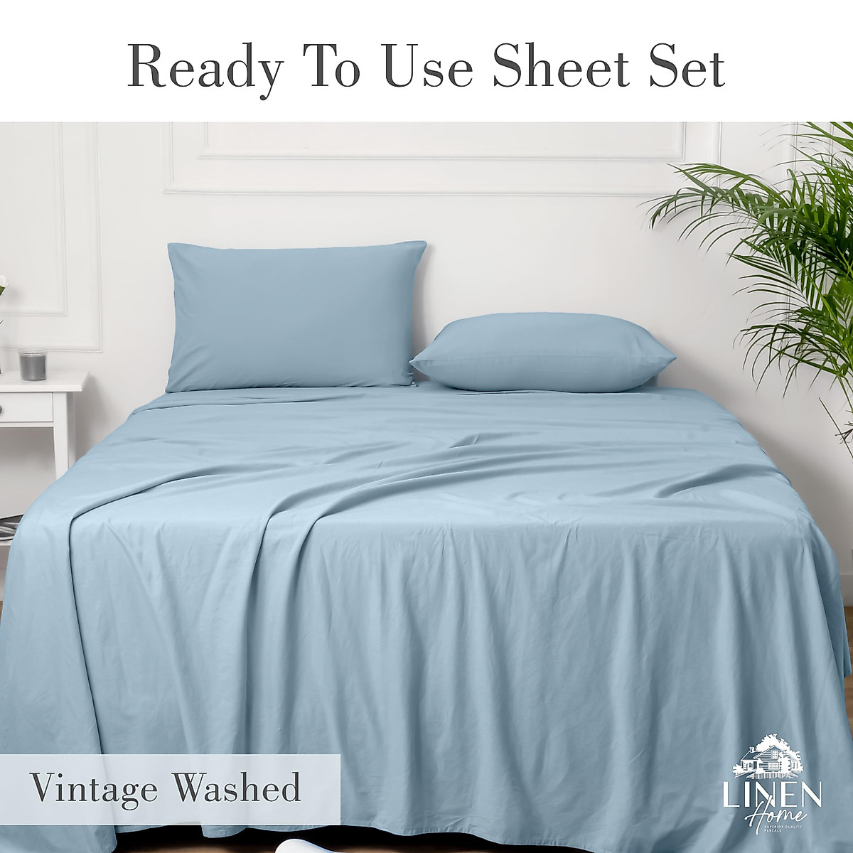 Linen Home Washed Cotton Percale Full Sheet Set, Baby Blue, Preshrunk, 4 Pieces Sets - 1 Flat, 1 Deep Pocket Fitted Sheet & 2 Envelope Closure Pillowcases, Cool and Comfortable Bed Linen