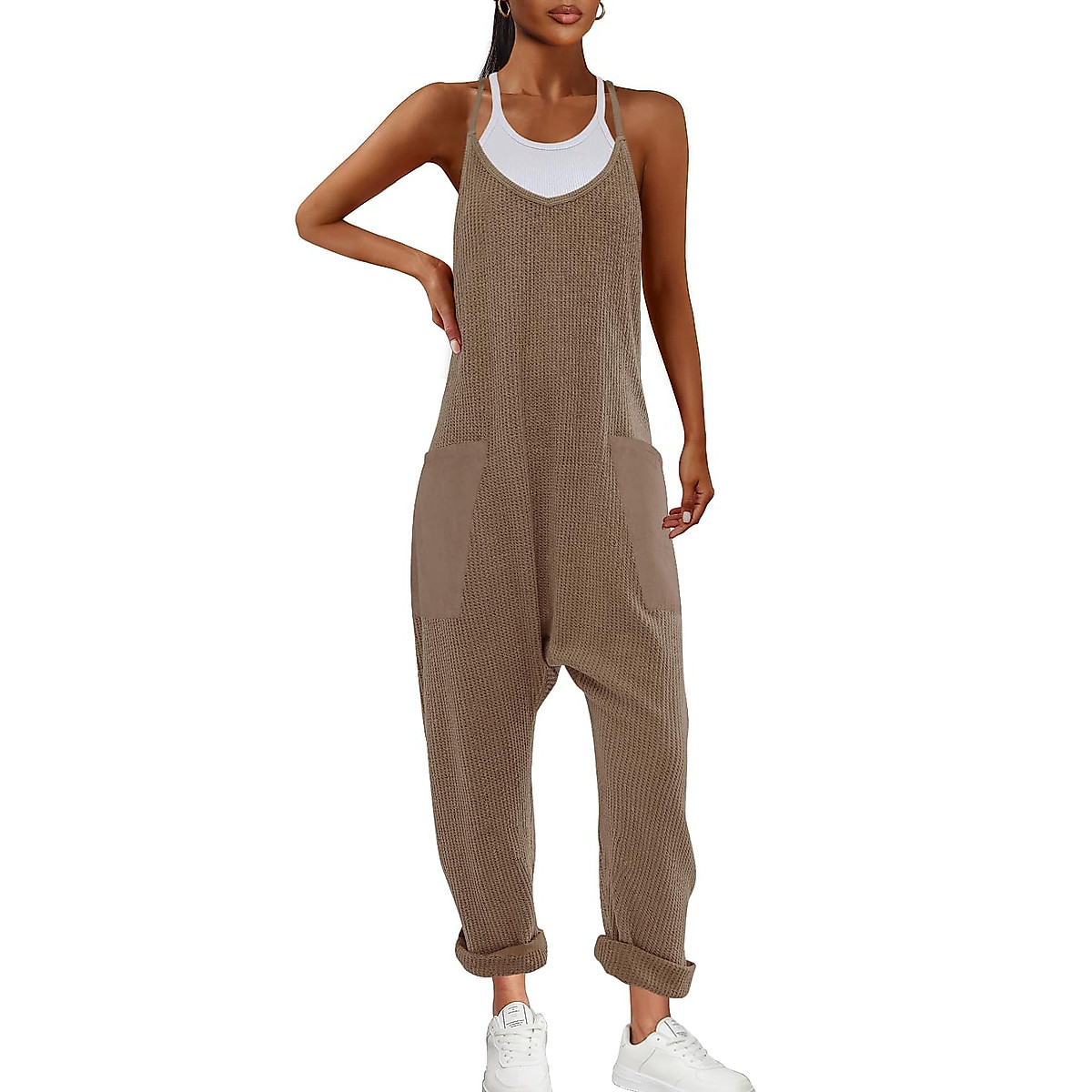 Nirovien Womens Waffle Knit Jumpsuits Oversized One Piece Romper Sleeveless Onesie with Pockets Fall Overalls(Dusty Khaki,L)