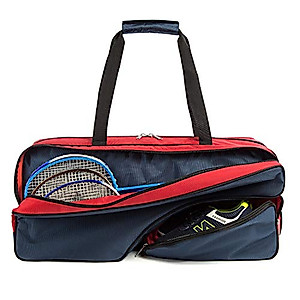 K-Cliffs Tennis Racket Bag | Deluxe Ballistic Nylon Travel Tournament Duffel | Shoe Compartment Red Blue Black