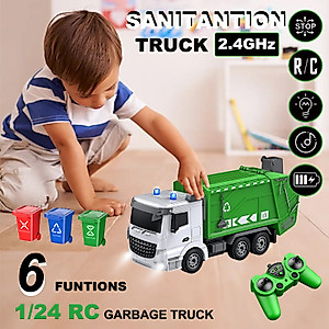 CALEST 2.4Ghz RC Garbage Truck with 4 Trash Cans, 6 Channel Remote Control, Waste Management Toy, 100pcs Garbage Sorting Cards, Boys 3+