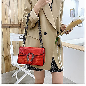 GLOD JORLEE Women's Fashion Chain Crossbody Shoulder Bags - Classic Stone Crocodile Pattern Leather Square Flap Handbags Satchel Purse (Red)