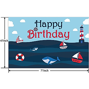 Nautical Happy Birthday Banner Backdrop Whale Sailboat Ocean Sailing Theme Decorations Decor for 1st Birthday Party Baby Shower Retirement Supplies Favors Photo Booth Props Background