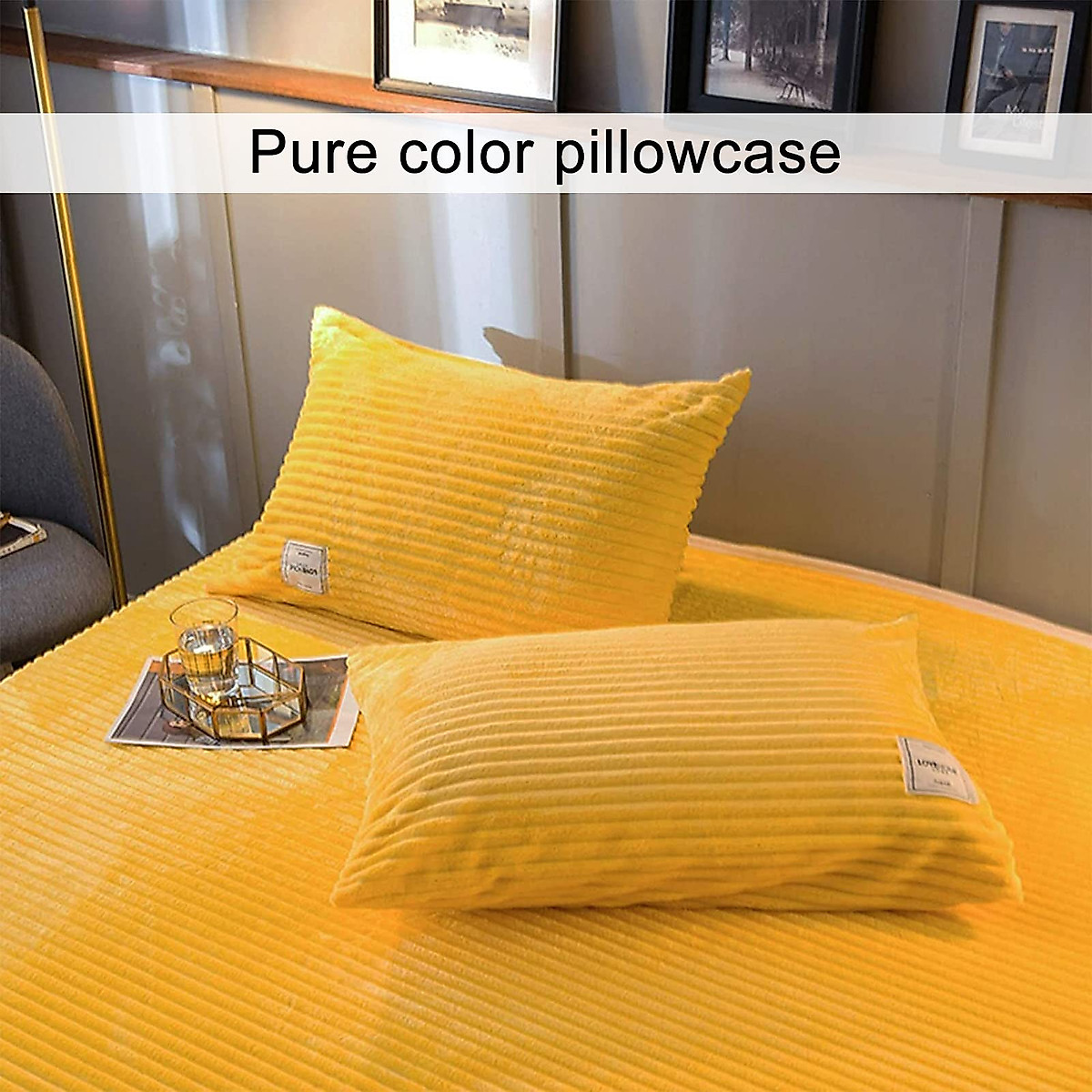 ONDIAN Soft Corduroy Duvet Cover Set Queen Size,Thicken Double Sided Velvet Comforter Cover with 2 Pillowcase Winter Twin Quilt Cover with Zipper-Yellow 240x220cm(94.5x86.inch)