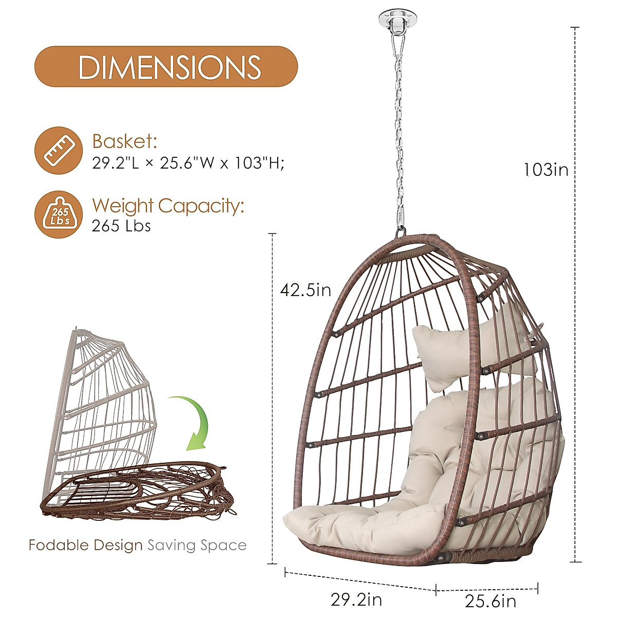Nicesoul Outdoor Hanging Egg Chair Without Stand, Patio Wicker Swing Egg Basket Chairs with Padded Cushions, Ceiling Tree Swinging Egg-Shaped Chair No Stand for Indoor Bedroom Balcony Porch, Brown