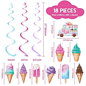 WERNNSAI 18PCS Ice Cream Hanging Swirls Party Decorations Summer Ice Cream Party Ceiling Streamers Decor Sweet Ice Cream Party Swirls Supplies for Girls Birthday Baby Shower