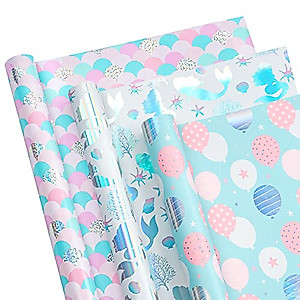 WRAPAHOLIC Wrapping Paper Roll - Mini Roll - 3 Rolls - 17 Inch X 120 Inch Per Roll - Mermaid Scale and Jellyfish Design with Colorful Foil for Birthday, Holiday, Baby Shower
