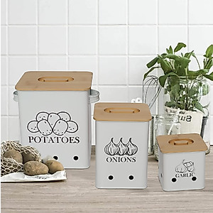 Potato Onion Garlic storage, Canister Sets for Kitchen Counter, Storage Set for Potato Onion Garlic, Kitchen Storage Bin Jars Pots with Aerating Tin Storage Holes & Wooden Lid - White