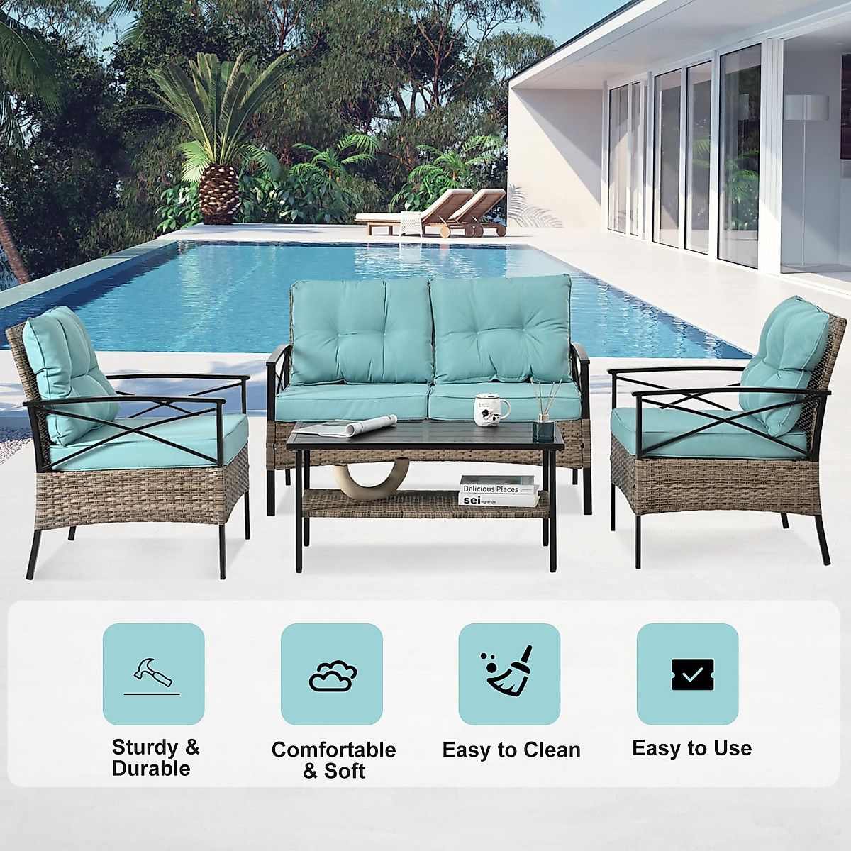 YIORTWO 4 Piece Patio Furniture Set Outdoor Conversation Furniture Sets, Wicker Patio Sectional Furniture with Waterproof Cushions and Coffee Table for Garden Poolside Balcony Porch, Blue