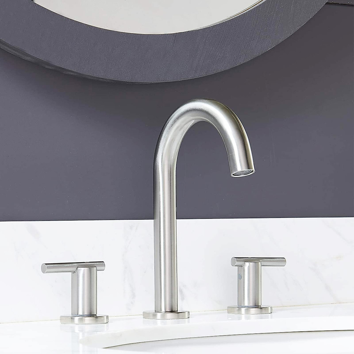 VAPSINT 3 Hole Brushed Nickel Widespread Bathroom Faucet,Modern 2 Handle Bathroom Sink Faucet 8 inch Vanity Faucet with Pop Up Drain and Supply Lines