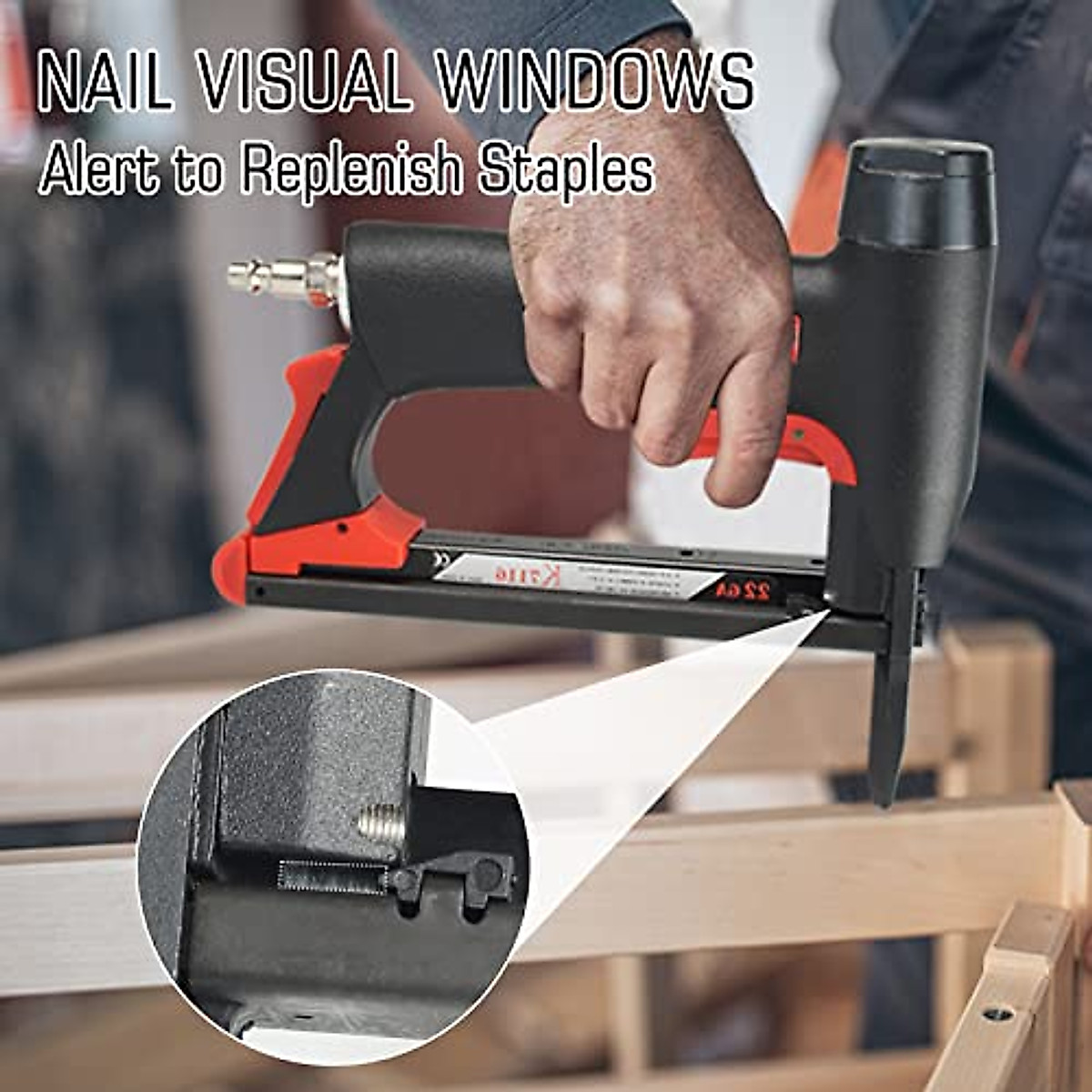 KAMSIN #7116L 22 Gauge Pneumatic Upholstery Stapler, 71 Series 3/8-Inch Crown Long Nose Air Power Fine Wire Staple Gun, 1/4-Inch to 5/8-Inch Leg Length Furniture Stapler for Fabric, Upholstering