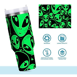 ARGTILDN 40 oz Tumbler Green Space Alien Insulated Travel Mug with Handle and Straw Lid Stainless Steel Vacuum Coffee Cup Tea Beverage Container Water Bottles for Car Sports office