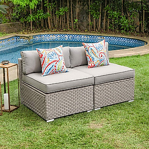 COSIEST 2-Piece Outdoor Furniture Add-on Armless Chairs for Expanding Wicker Sectional Sofa Set w Warm Gray Thick Cushions, 2 Floral Fantasy Pillows for Garden, Pool, Backyard
