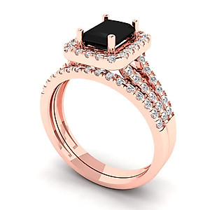 1.60ct Emerald Halo Solitaire Genuine Natural Black Onyx Engagement Promise Anniversary Bridal Ring Band set 18K Rose Gold 9