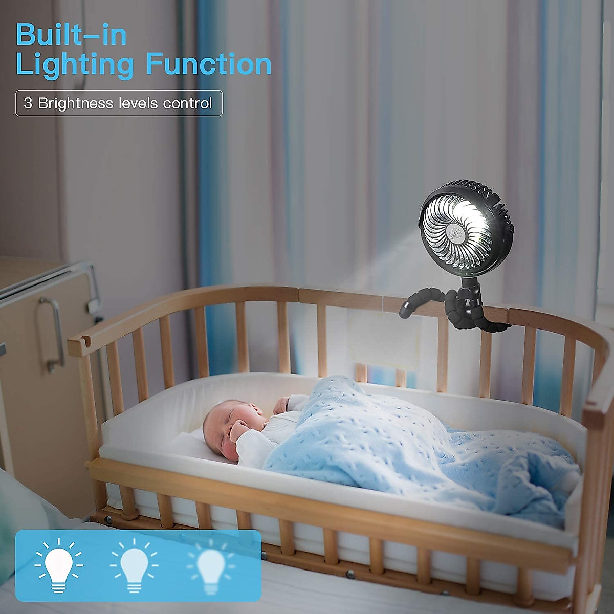 Battery Operated Stroller Fan, Clip On Fan for Baby Stroller, Flexible Tripod USB Personal Fan, Portable Golf Cart Fan with 12PCS LED for Crib Bike Car Seat Treadmill Camping Gym, 3 Speeds, Rotatable