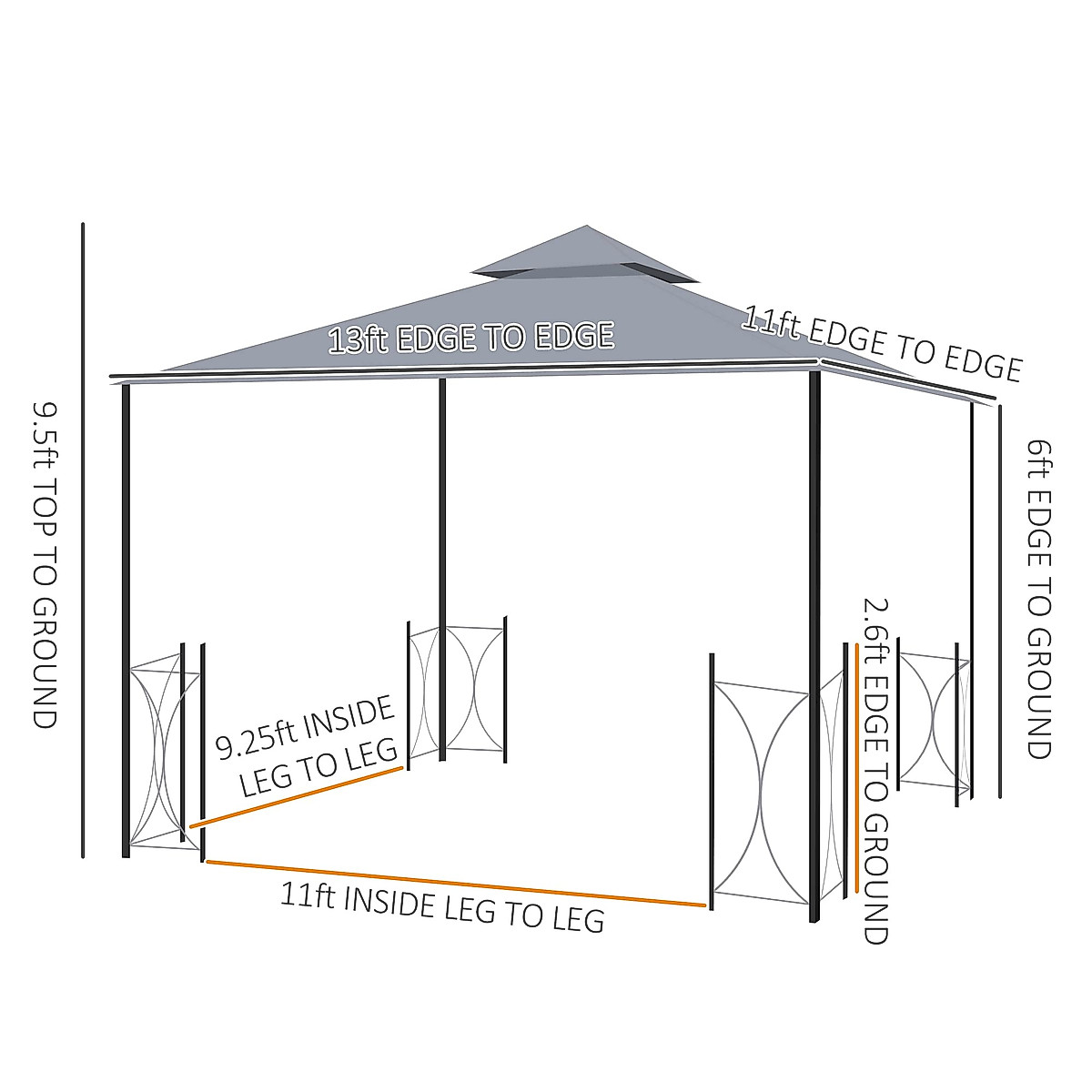 Outsunny 11' x 13' Patio Gazebo, Double Roof Outdoor Gazebo Canopy Shelter with Netting & Curtains, Steel Corner Columns for Garden, Lawn, Backyard and Deck, Gray