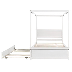 Full Size Canopy Bed with Trundle Bed, Solid Wood Full Platform Bed with Headboard, Footboard and Slat Support,Modern 4 Poster Panel Bed for Kids, Teens, Adults. No Box Spring Needed (Full, Gray)