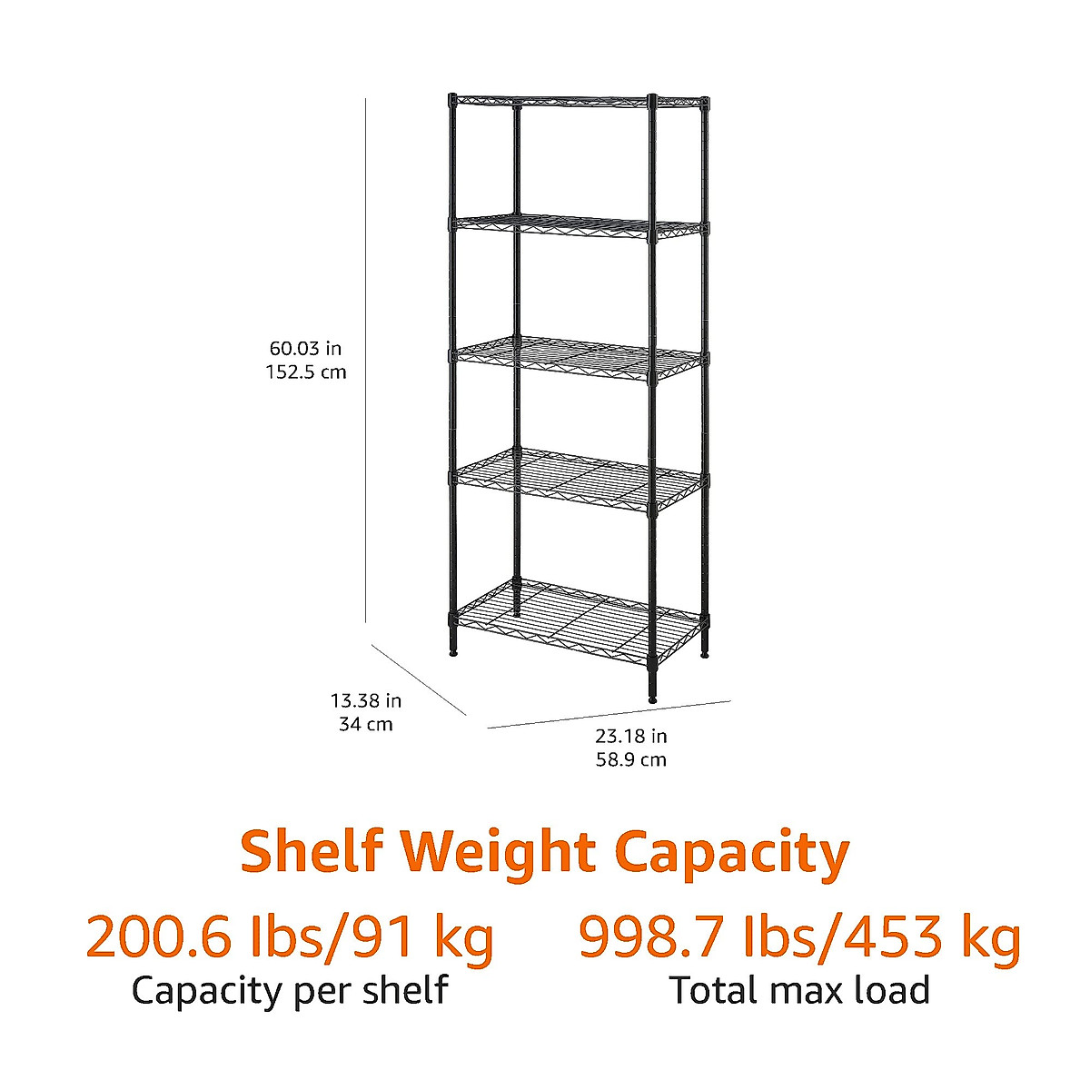 Amazon Basics 5-Shelf Adjustable Storage Shelving Unit, 200 Pound Loading Capacity per Shelf, Steel Organizer Wire Rack, 24 x 14 x 60 Inches (LxWxH), Black