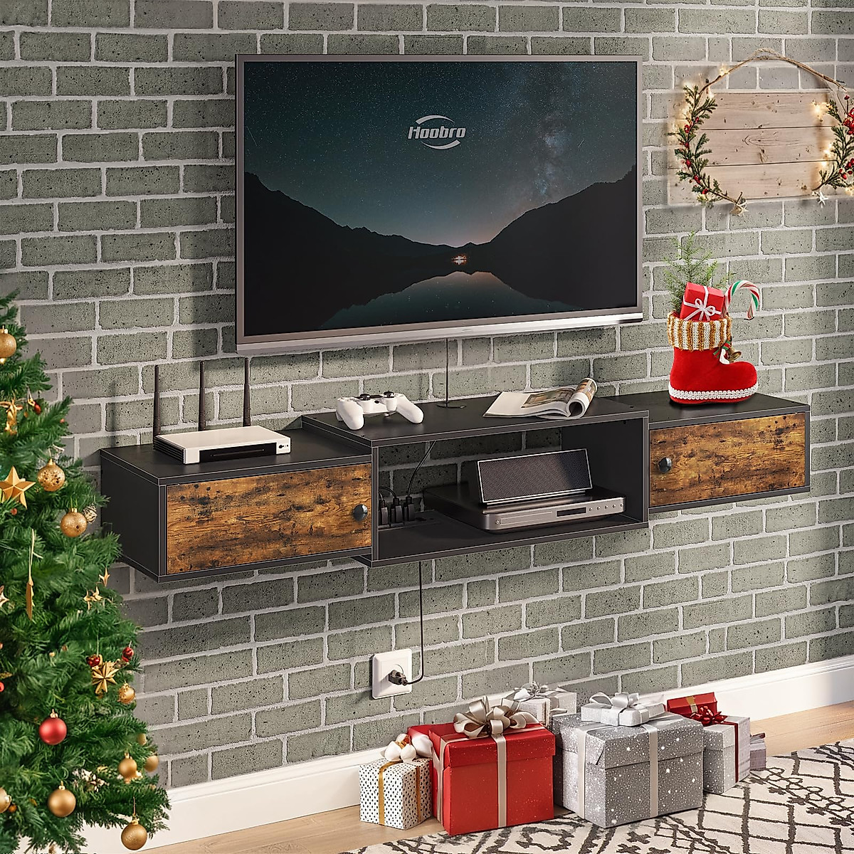 HOOBRO Floating TV Stand with Power Outlet 55", Modern Wall Mounted Media Console Shelf Cabinet for Under TV Storage, Entertainment Center, Living Room, Bedroom, Rustic Brown and Black BF11DS01