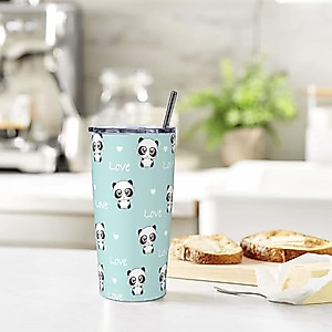 Yaxongx 20oz Tumbler Love Pandas Double Wall Vacuum Insulated Coffee Mug with Lid and Metal Straw Brush Reusable Stainless Steel Water Bottle Travel Cup Gifts for Car Ice Drinks Hot Beverage