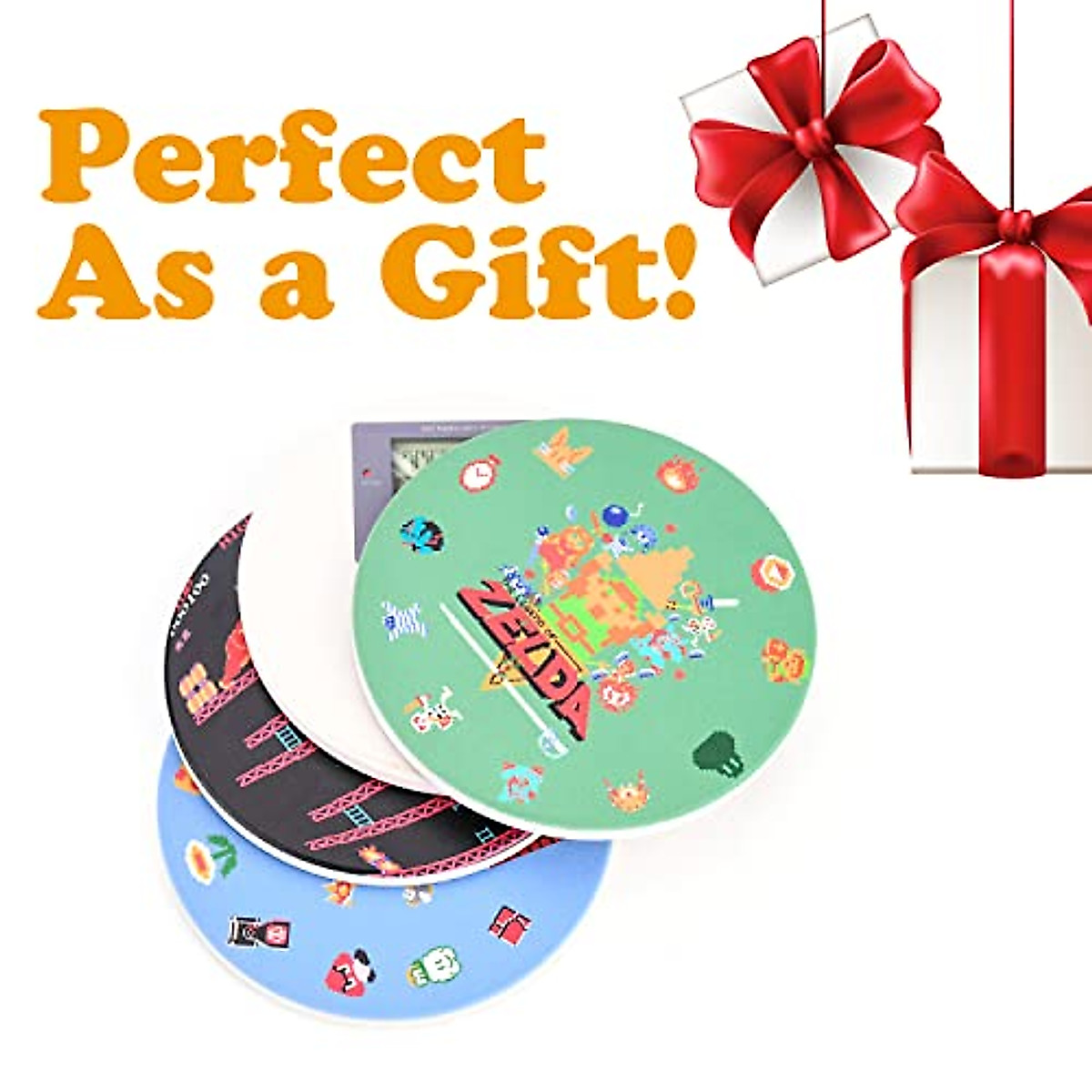 Pounchi Retro Video Game Coaster （4 Pack ） Game Lovers Absorbent Coasters Retro Drink Coasters for Game Lovers with Cork Base Bar Coasters Round Stone Coasters Car Coasters Set for Teens