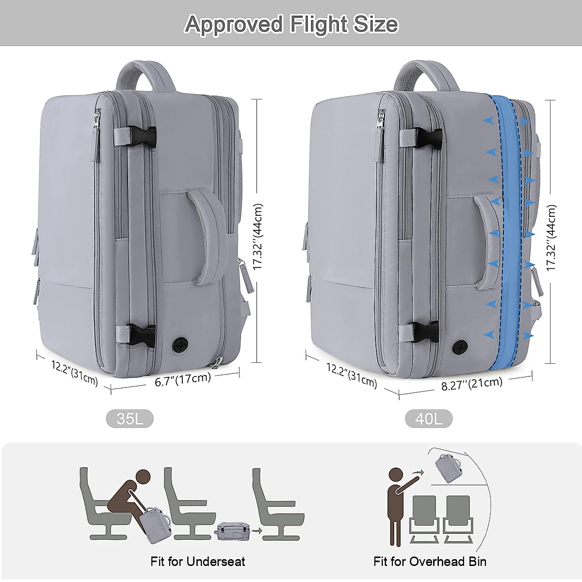 Sinaliy Travel Backpack for Women Men, 40L Carry On Backpack, 17 Inch Laptop Backpack, Waterproof Backpack, College Bookbag, Laptop Backpack, Backpack for Women, as Person Item Flight Approved