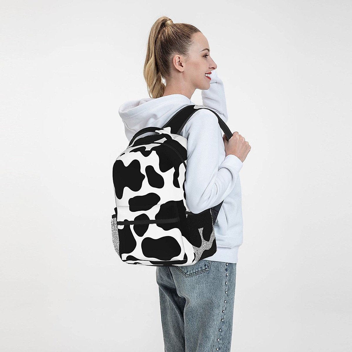 Aisquw Black And White Cow Print Backpack Large-Capacity School Bag Laptop Portable Backpack For Travel Office Shopping (Black White Cow)