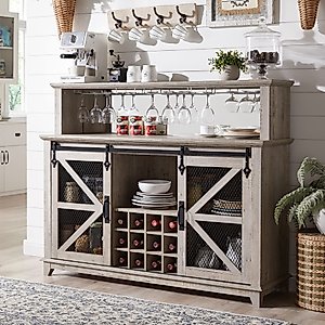 OKD Farmhouse Coffee Bar Cabinet with LED Lights, 55" Wine Bar w/Sliding Barn Door & Wine and Glass Rack, Kitchen Buffet Cabinet w/Storage Shelves for Dining Room,Light Rustic Oak