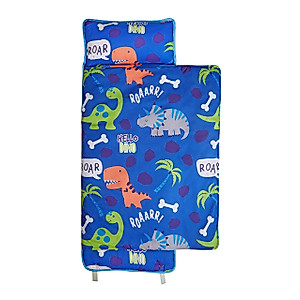EVERYDAY KIDS Nap Mat with Removable Pillow - Roarin' Dinos - Carry Handle with Straps Closure, Rollup Design, Soft Microfiber for Preschool, Daycare, Travel Sleeping Bag - Ages 3-6 Years