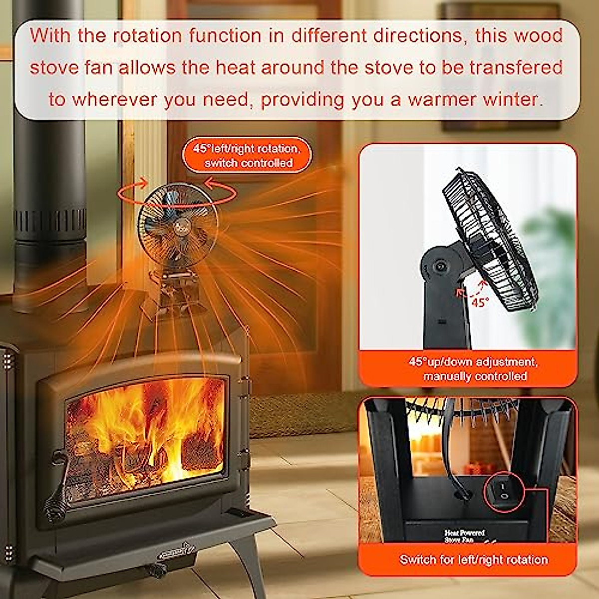 VODA Wood Stove Fan Heat Powered Fireplace Fans 5 Blades Newly Designed with 45°Adjustment Up and Down Manually and 45°Rotation Left and Right Stove Fans for Wood Burning Stoves